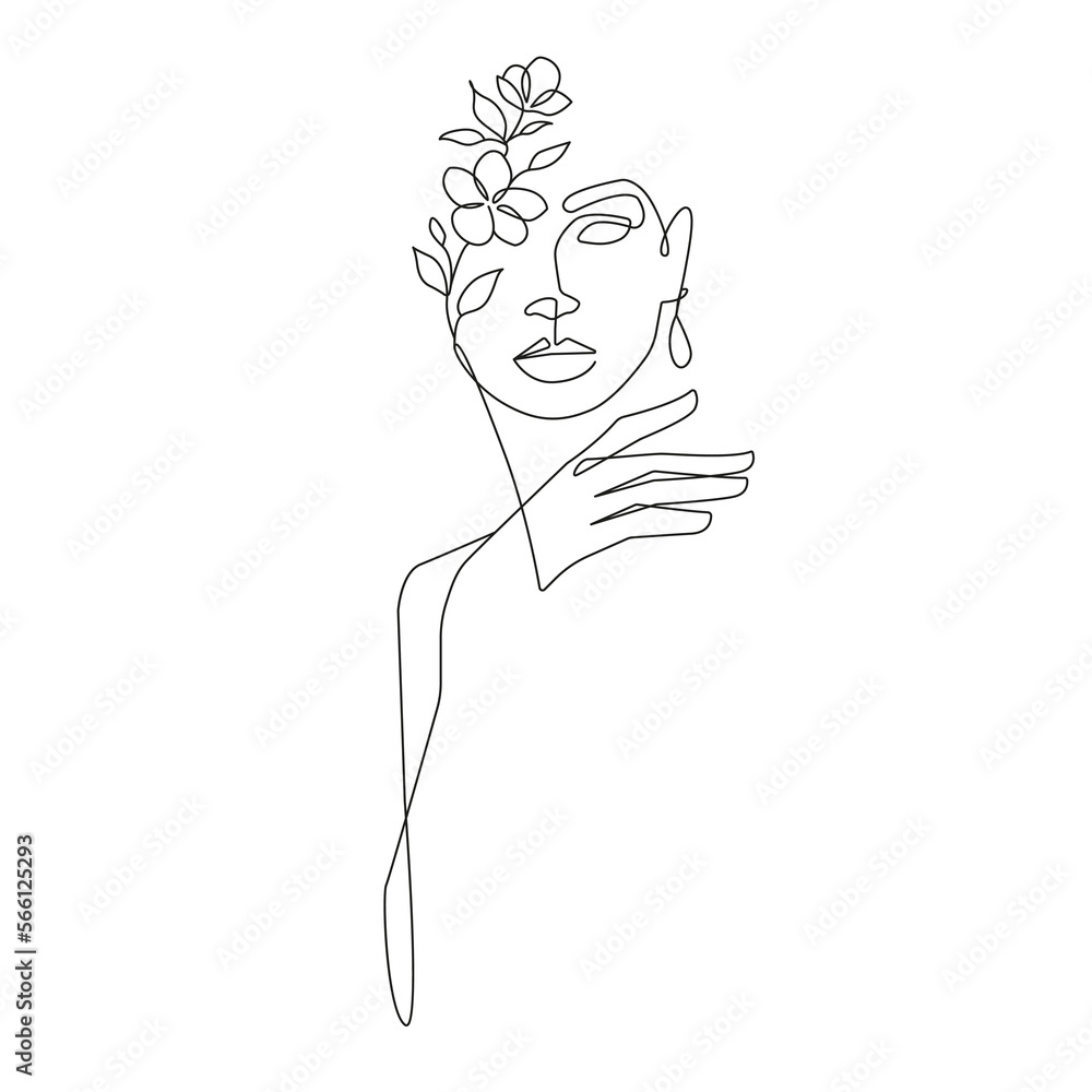 Woman Abstract Face With Flowers One Line Drawing Female Portrait