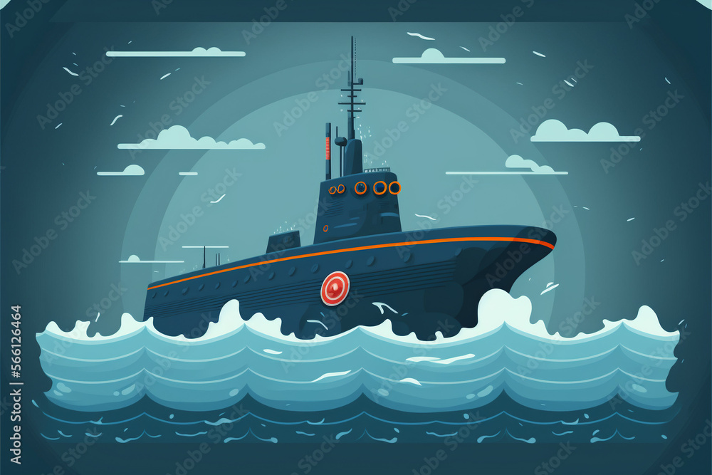 A flat illustration of a nuclear submarine, with all of its intricate ...