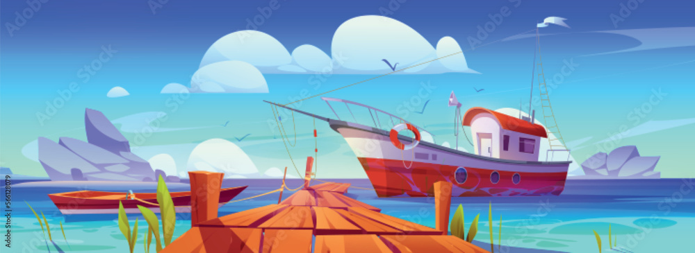 Fishing boats at pier in lake, river or sea harbor. Summer landscape ...