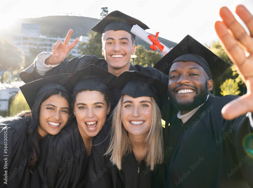 Students, graduation selfie and outdoor at campus with happiness, pride ...