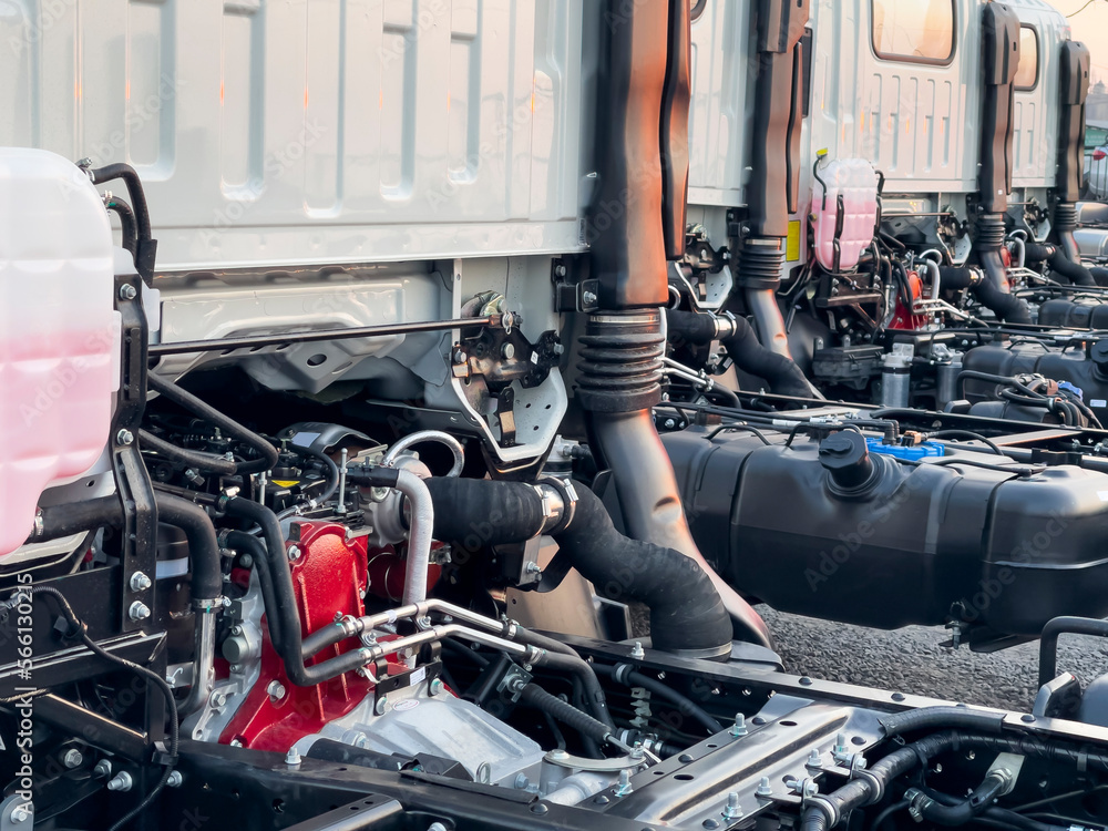 Truck car gearbox inside under the hood chassis clean. View on chassis ...