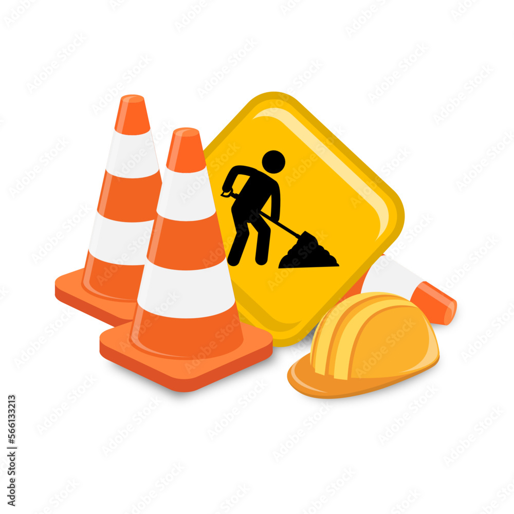 Traffic cones and under construction warning sign. Road safety and ...
