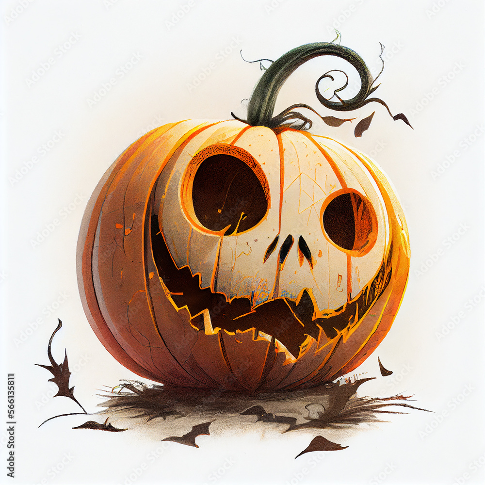 Cartoon. scary halloween jack-o-lantern pumpkin drawing on white ...