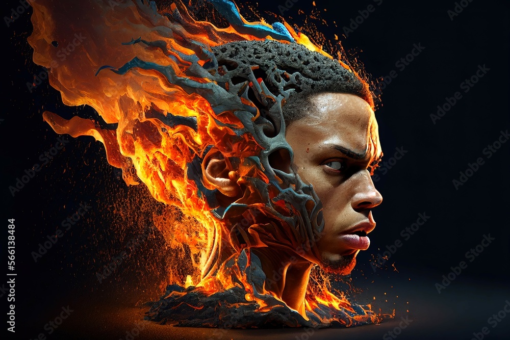 fictional character, ai generated Dark portrait of a man's head on fire ...
