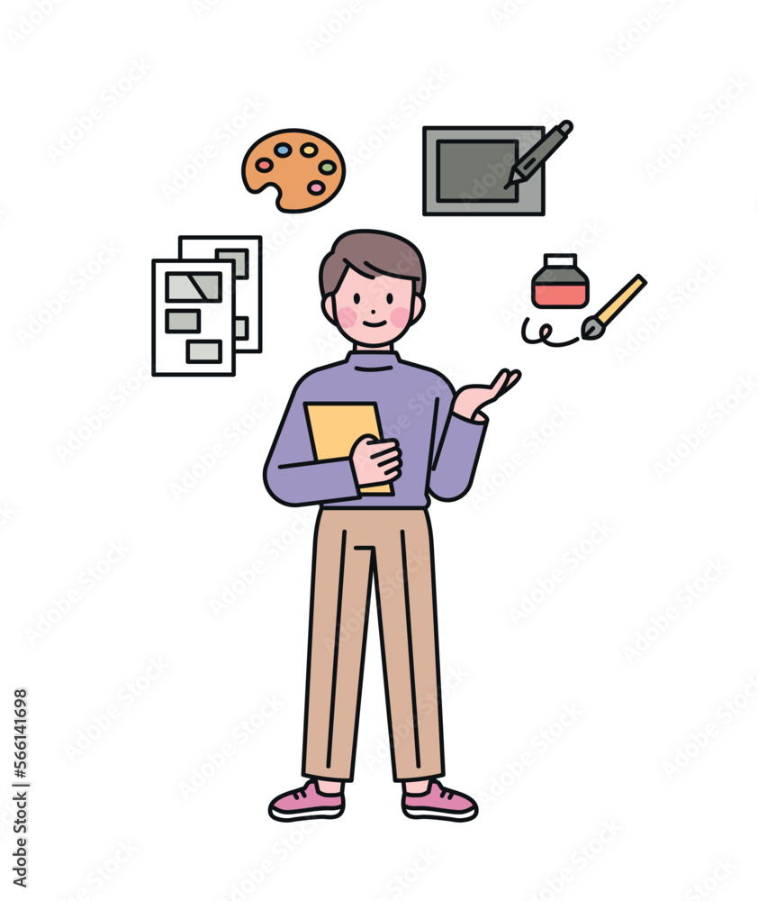 A cartoonist is standing and explaining. There are tools for drawing ...