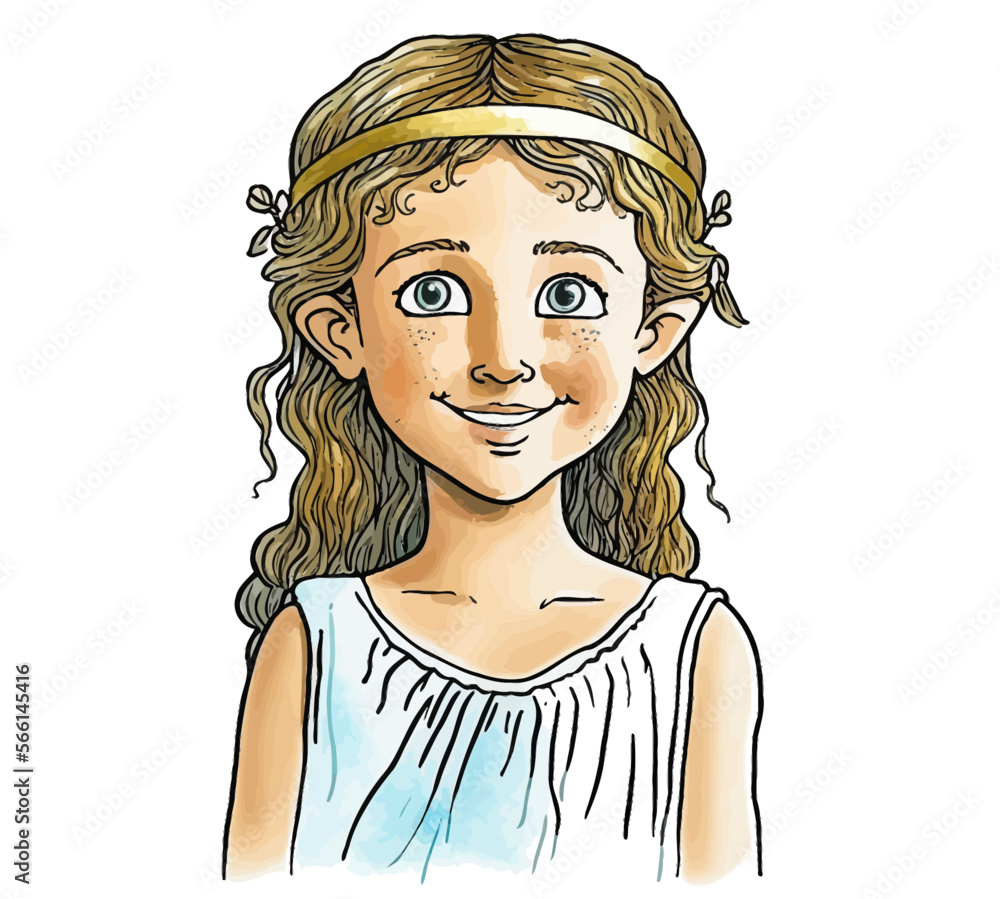 A young ancient Greek child, dressed in a white toga, symbolizing a ...