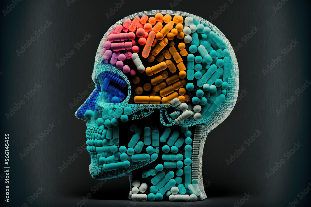 Image of a human head made of various pill shapes and sizes, with an x ...