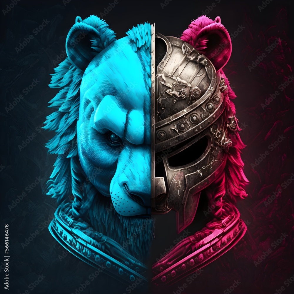 ultra realistic logo design One face two contrasting side One side a ...