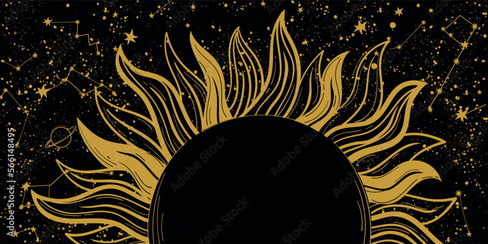 Astrology banner with sun rays and constellations on black mystical sky ...