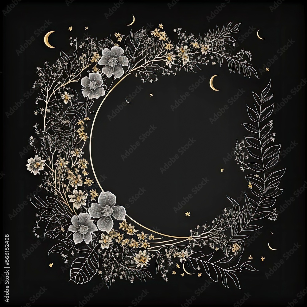 boho frame with flowers, celestial trendy linear style, mystical ...