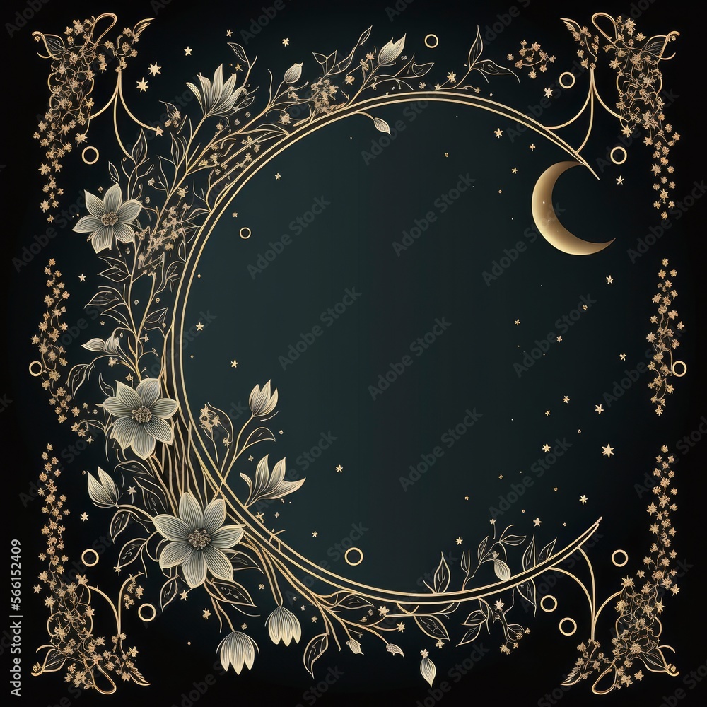 boho frame with flowers, celestial trendy linear style, mystical ...