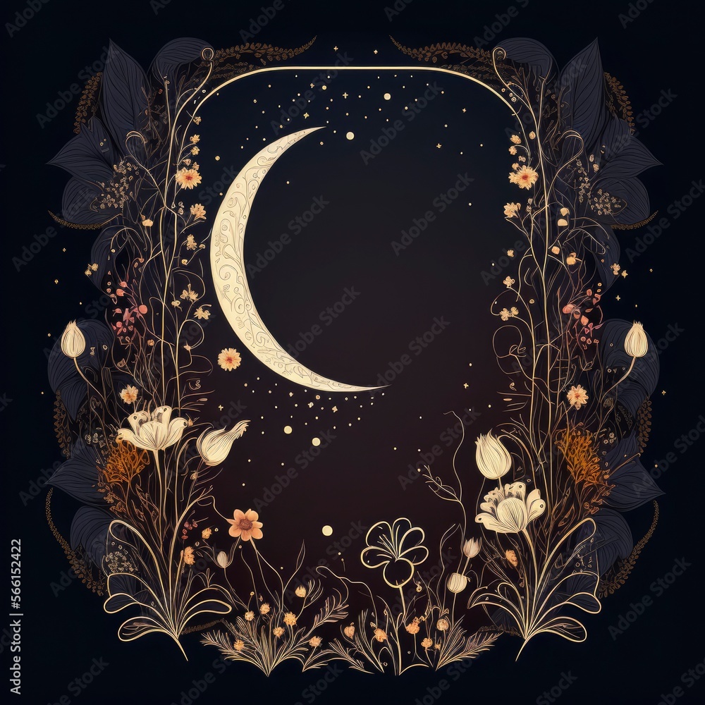 boho frame with flowers, celestial trendy linear style, mystical ...