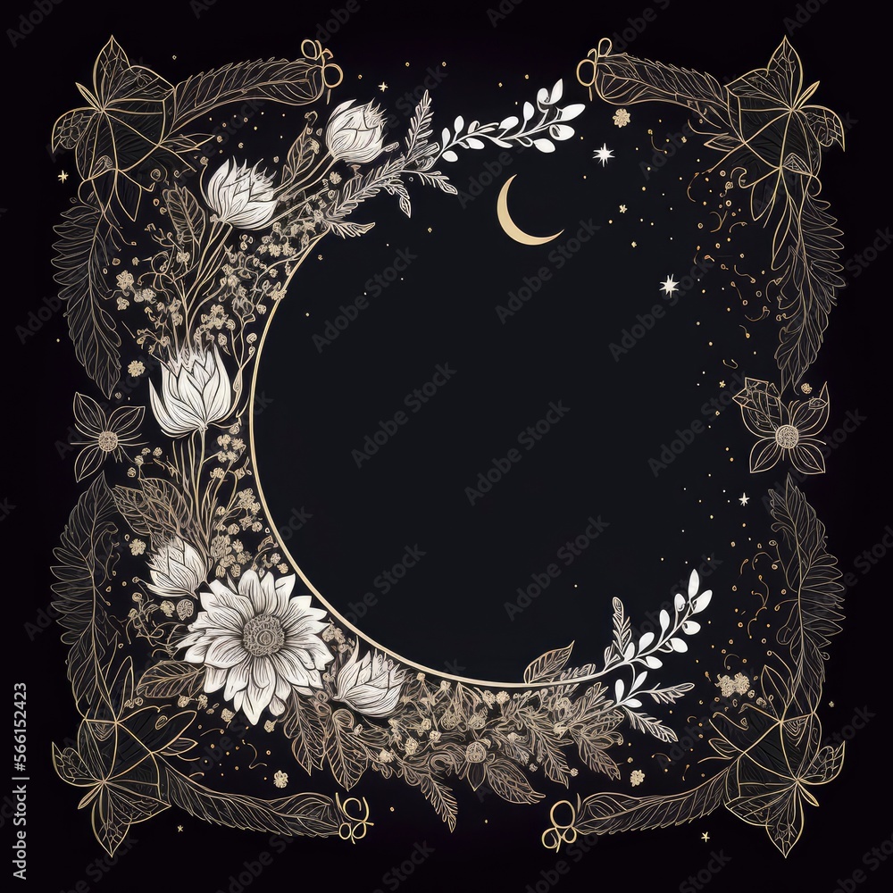 boho frame with flowers, celestial trendy linear style, mystical ...