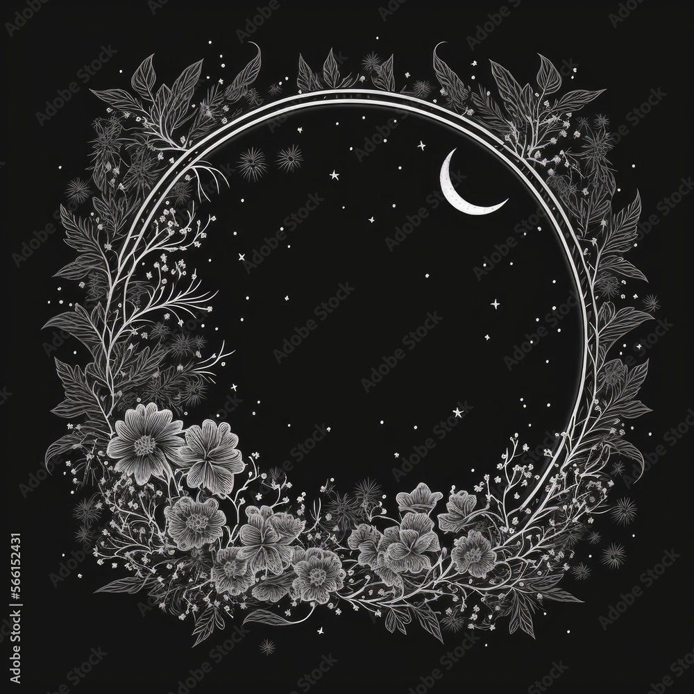 boho frame with flowers, celestial trendy linear style, mystical ...