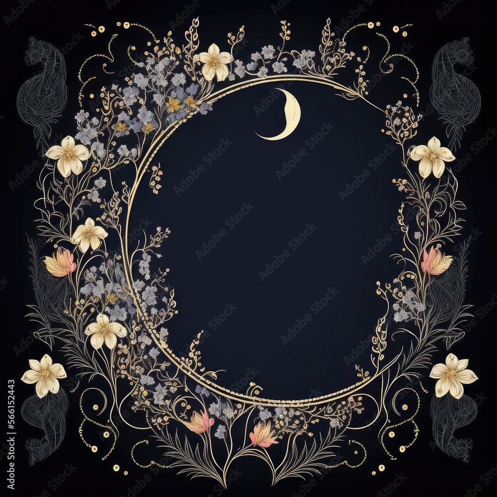 boho frame with flowers, celestial trendy linear style, mystical ...