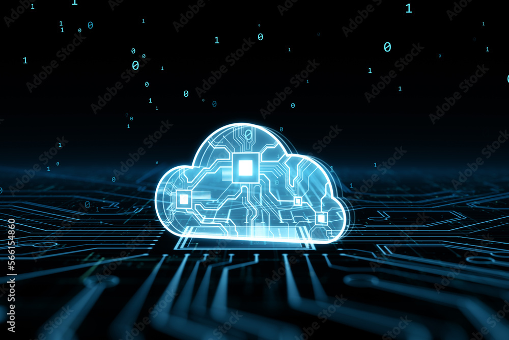 Glowing cloud hologram. Cloud computing technology internet on converging point of circuit and ...