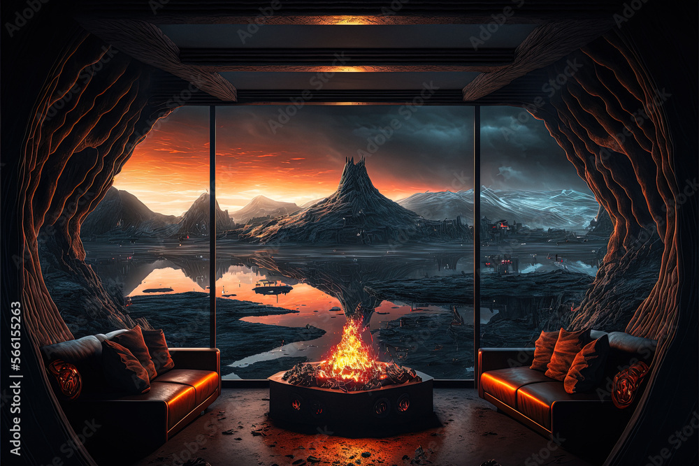 Fantasy living room in a cave with a fire pit. Large windows with a ...