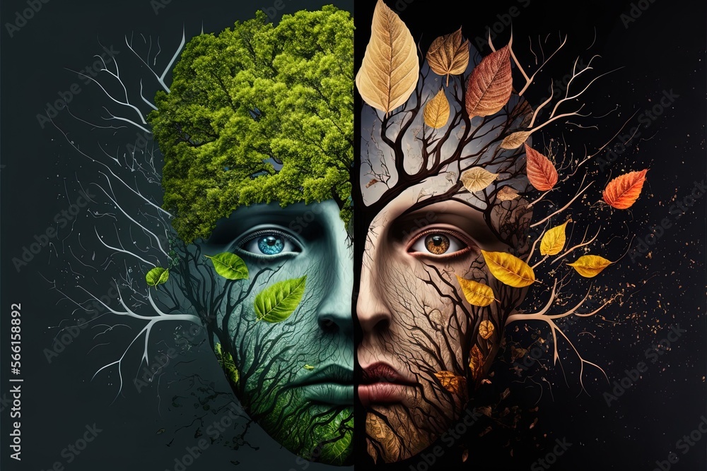 Generative AI illustration of the four temporal seasons in one face ...