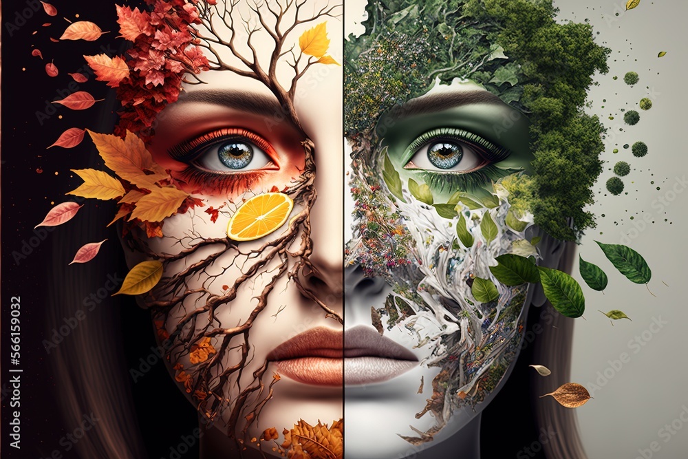 Generative AI illustration of the four temporal seasons in one face ...