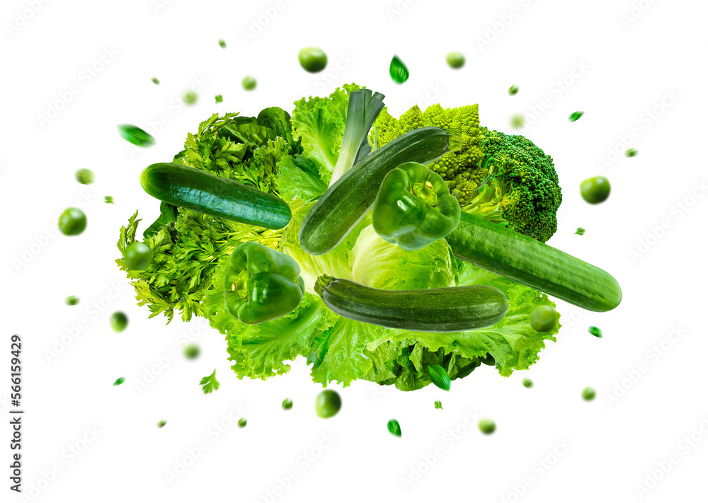 Collection of raw healthy green vegetables mix food explosion isolated ...