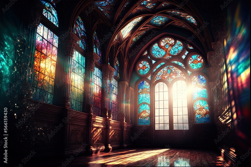 Generative AI Palace interior with high stained-glass windows made of ...
