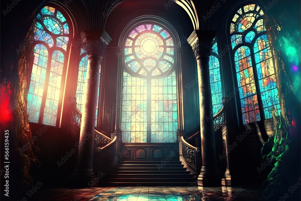 Generative AI Palace interior with high stained-glass windows made of ...