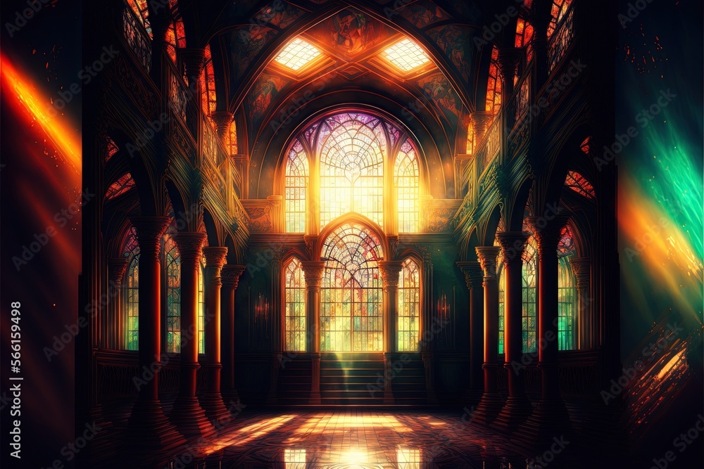 Generative AI Palace interior with high stained-glass windows made of ...