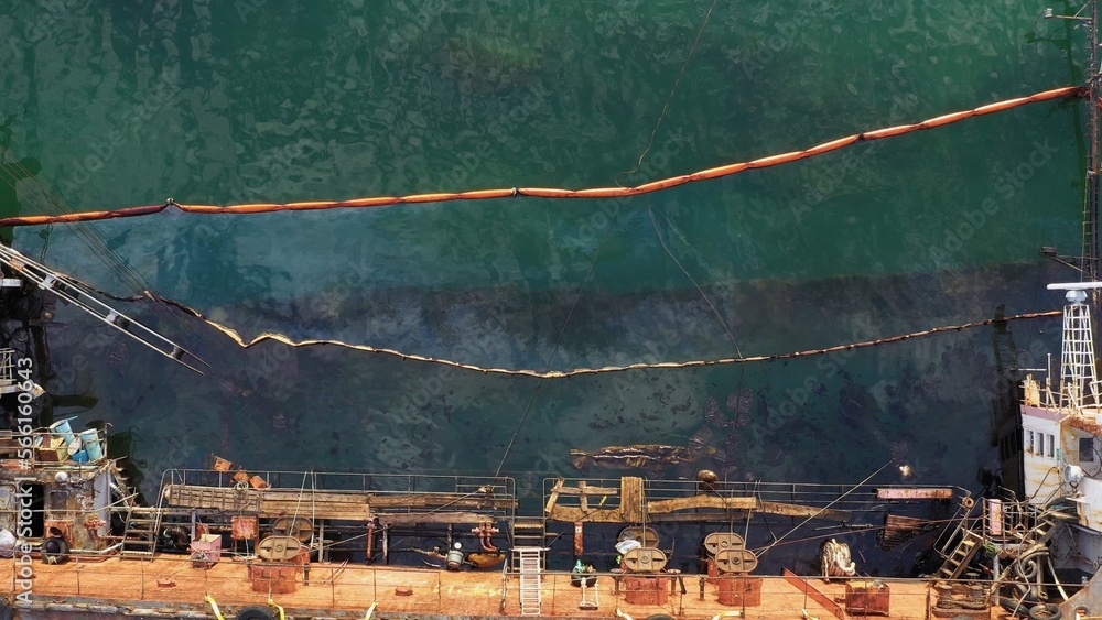 Top view of the deck of the sunken ship. The collapse of an oil tanker ...