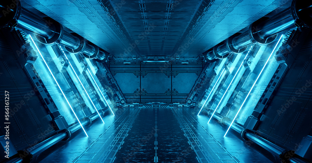 Blue spaceship interior with neon lights on panel walls. Futuristic ...