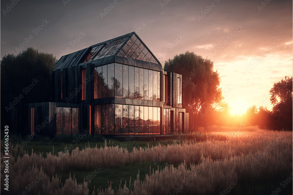 Huge modern design house with black facade in the nature. Warm colors ...