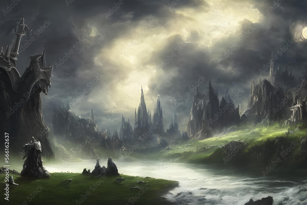dark fantasy landscape river. high fantasy landscape. Dark fantasy ...