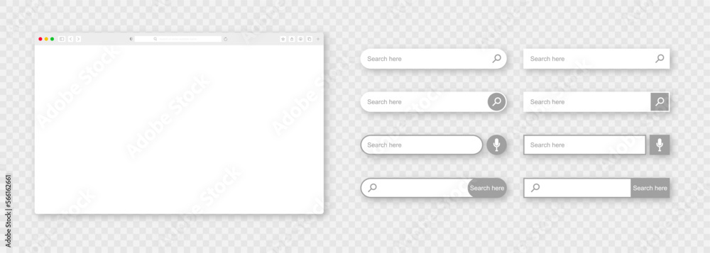 Browser window and various search bar set. Realistic empty webpage with toolbar and search bars ...