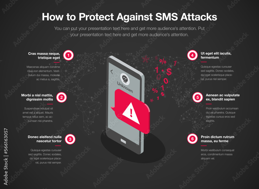 Infographic template for how to protect against sms attacks - dark version. 6 stages template ...