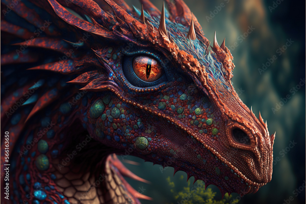 The head of a red fantasy dragon with beautiful gems as scales ...