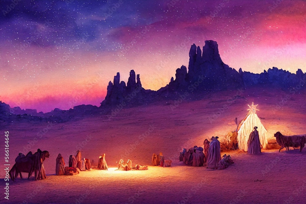Blue Christmas Nativity Scene background. Theshepherds go to the manger ...