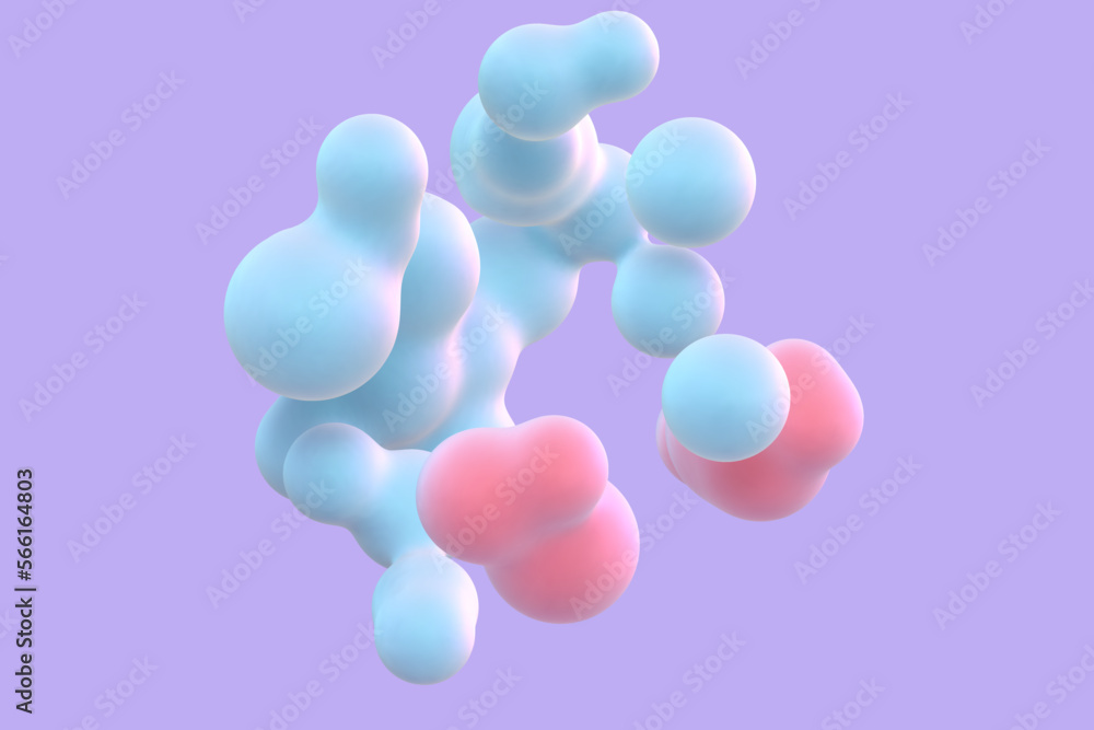3D abstract liquid bubbles on purple background. Concept of science: floating morphing spheres ...