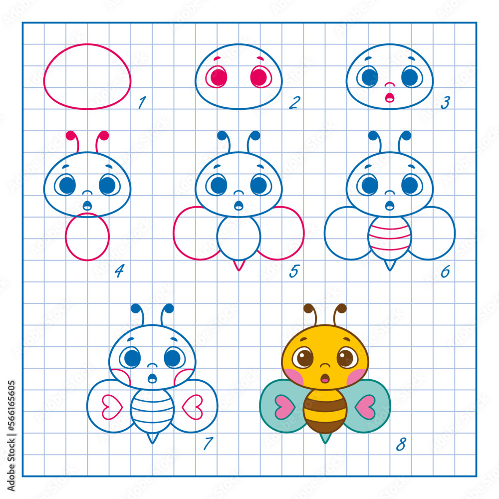 How to Draw Cute Bee, Step by Step Lesson for Kids cartoon vector ...