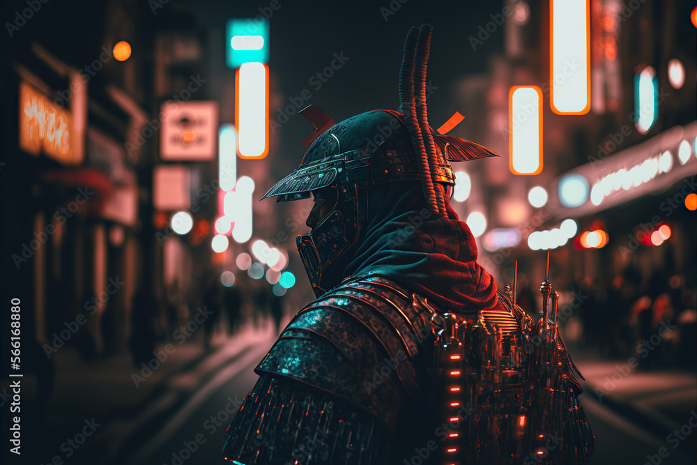 futuristic samurai potrait standing in cyberpunk science fiction city ...