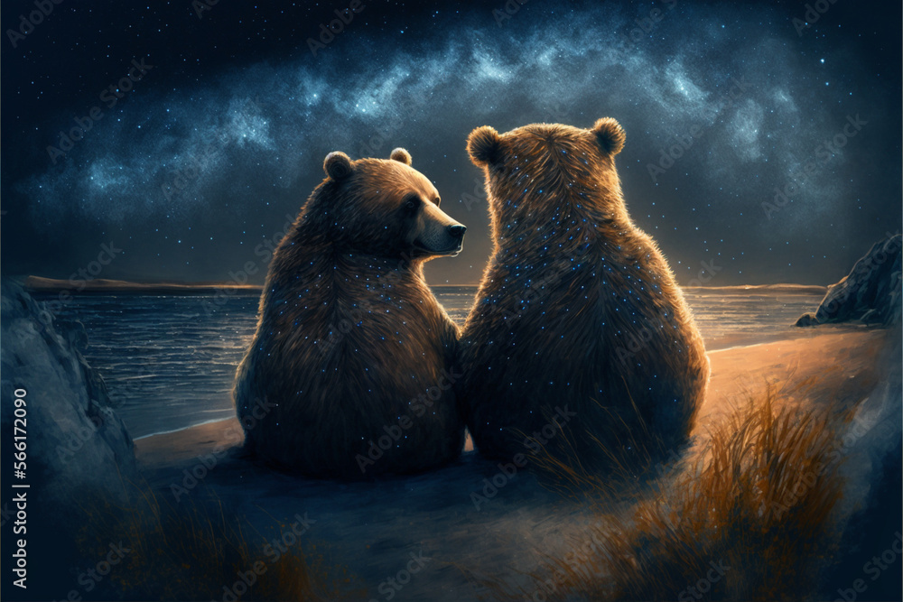 Polar bear on the beach, with beautiful sky full of stars, northern ...