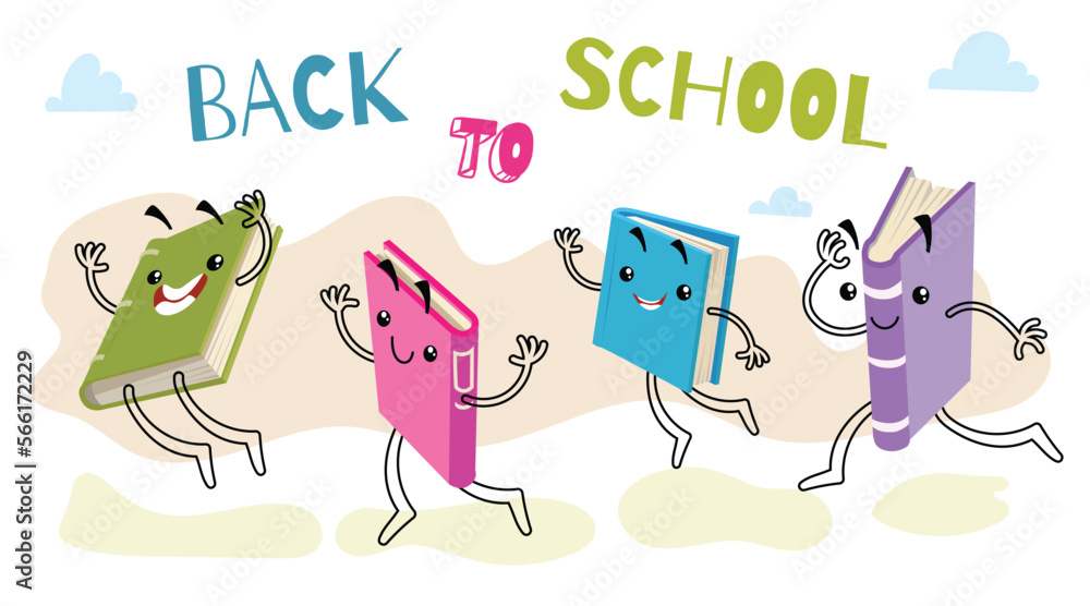 Back to school banner template. Funny running book characters on the ...