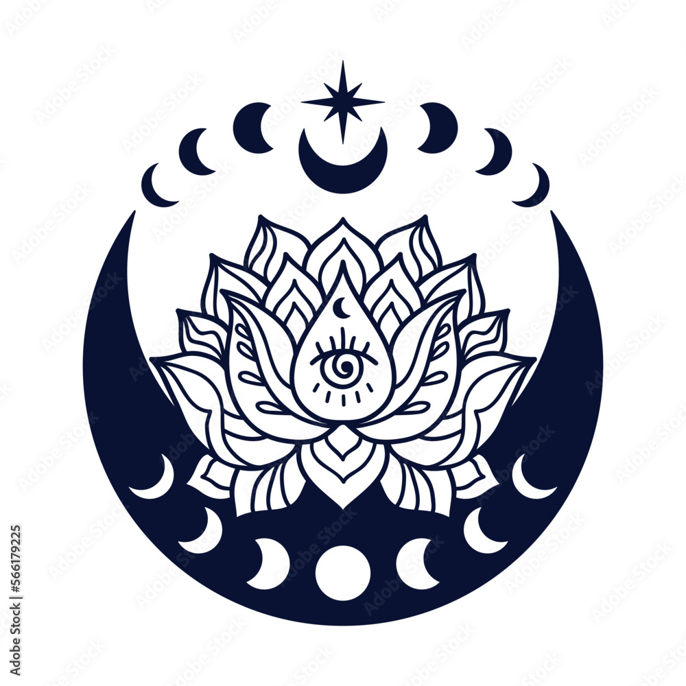 Half moon and lotus flower mystial symbol with moon phases and third ...