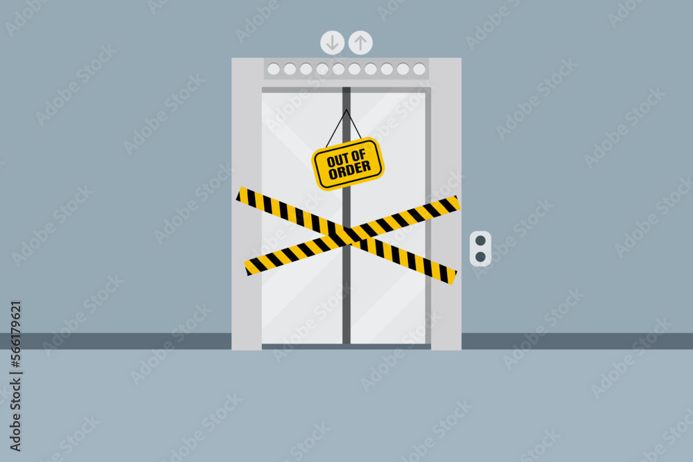 Broken elevator closed for repair or maintenance. Warning yellow stripe ...