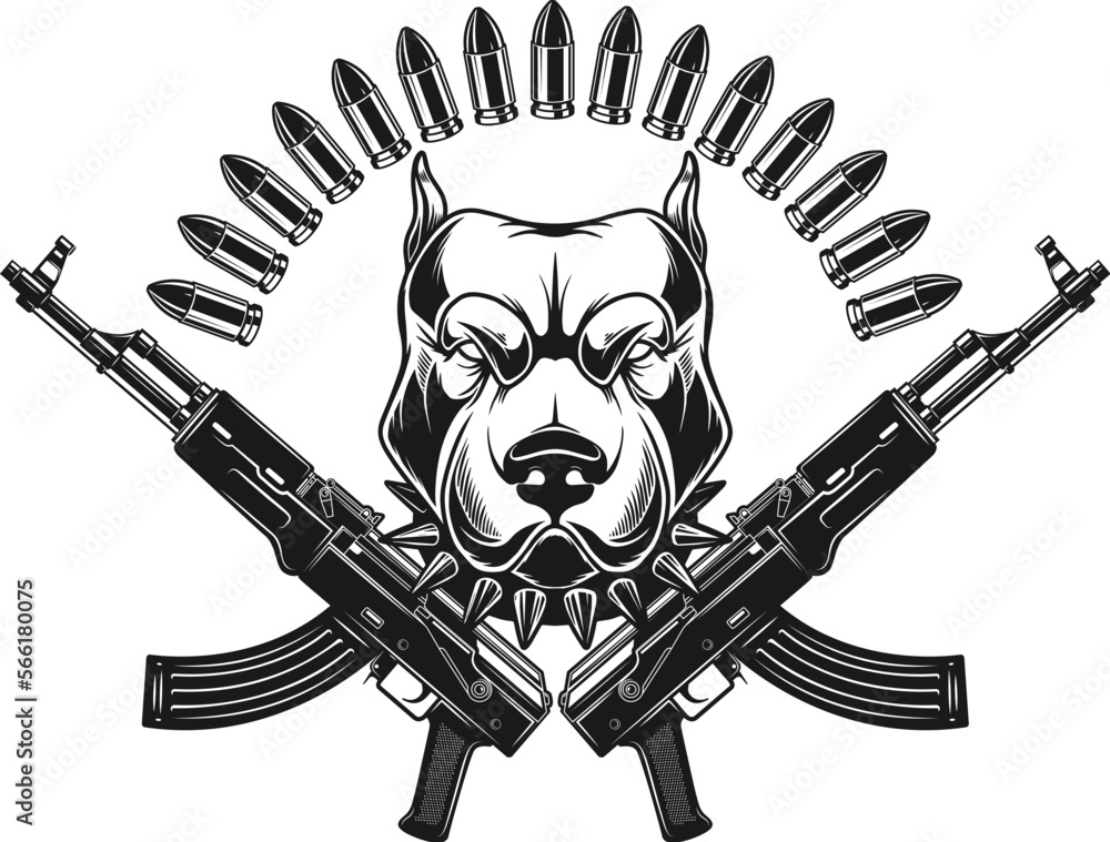 Angry dog head with crossed assault rifles. Design element for poster ...