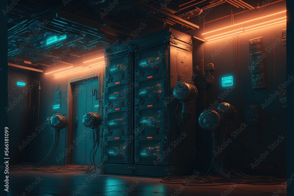 Cyberpunk Data Center Room With Mainframe Storage Servers Vintage Cloud Network Concept