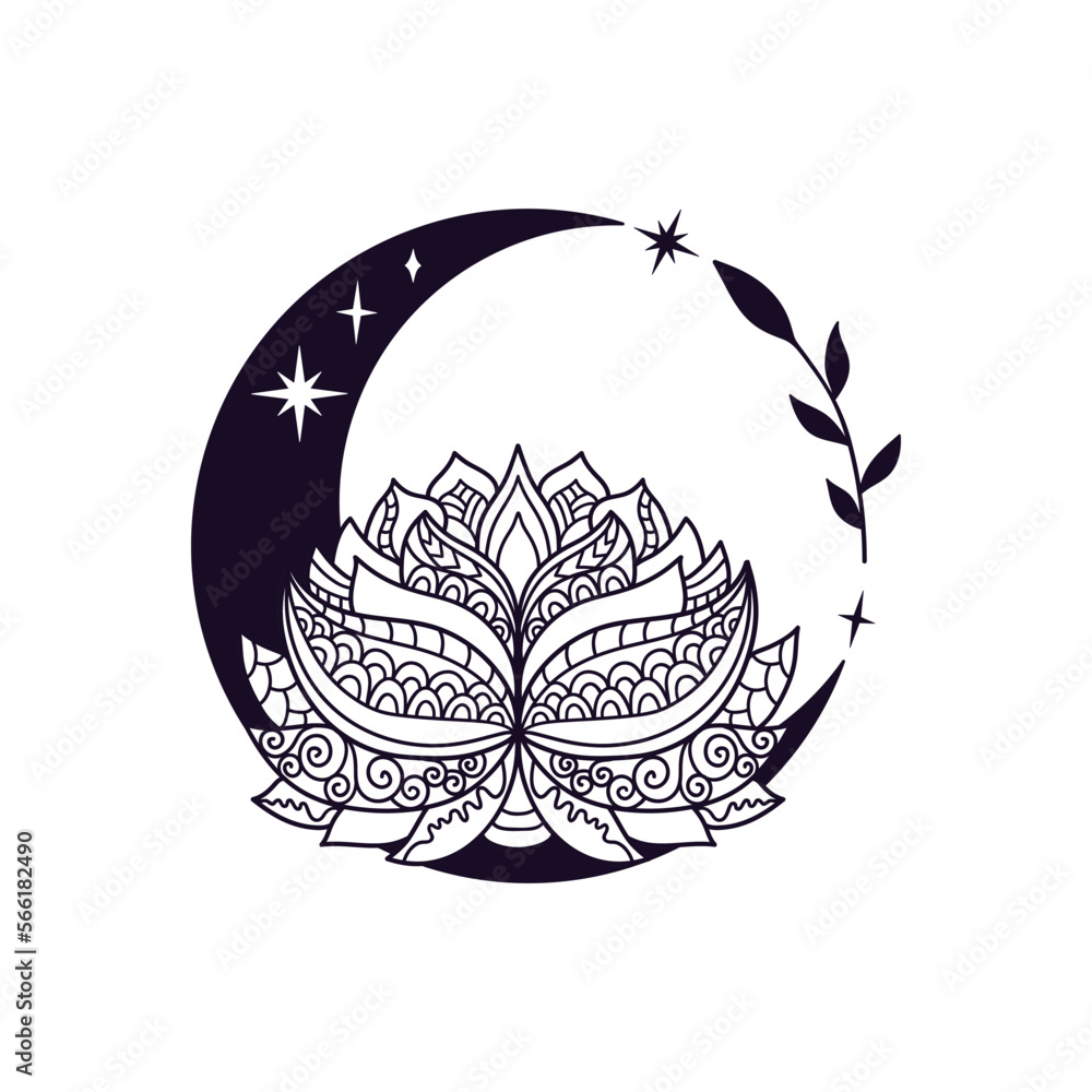 Crescent moon and lotus flower mystial symbol with moon phases. Stock ...