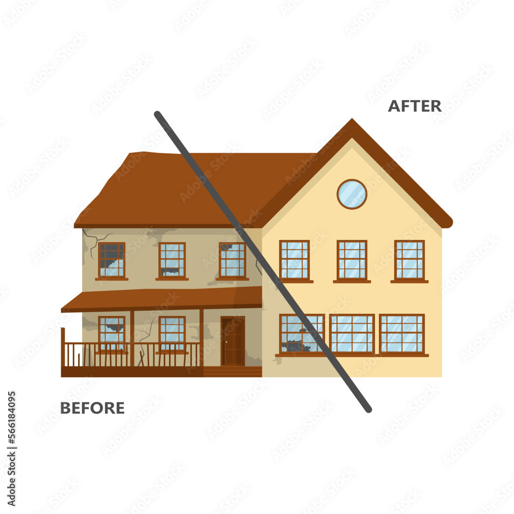 Broken and repaired house. Home before and after repair. Renovation ...