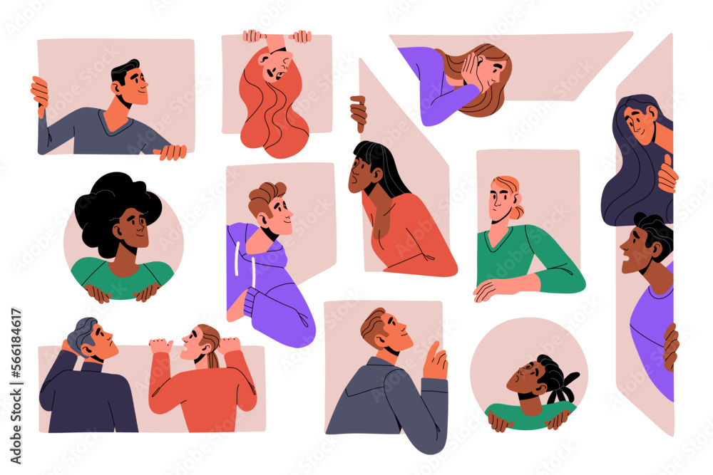 Curious suspicious people peeking, looking out. Interested characters ...