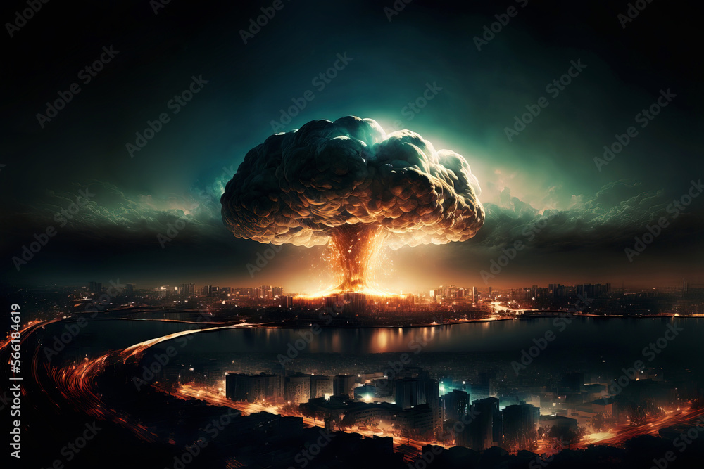 Mushroom cloud in night sky over city after atomic bomb detonation ...