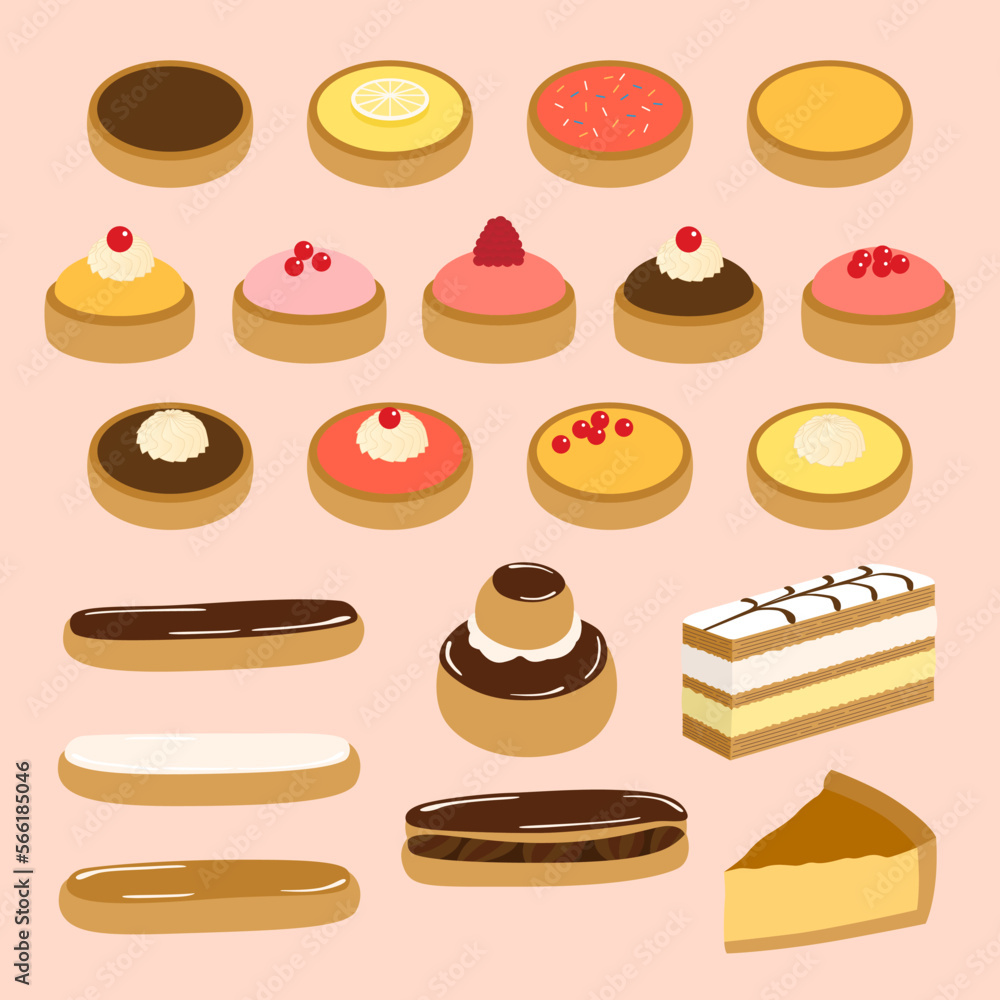 Collection de pâtisseries sucrés : des tartelettes, des éclairs au ...