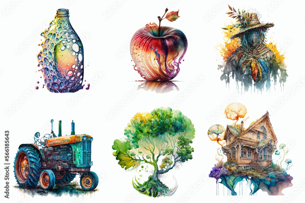 Watercolor Illustration set of Farm Elements. Hand-drawn illustration isolated on white ...